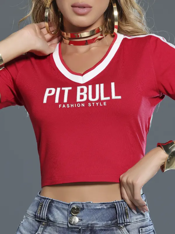 Cropped Vermelho com Gola V Fashion e Casual Pit Bull Jeans - Cropped ...